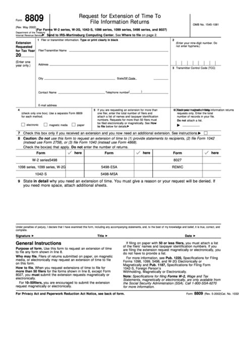 Form 8809 Application For Extension Of Time To File Information