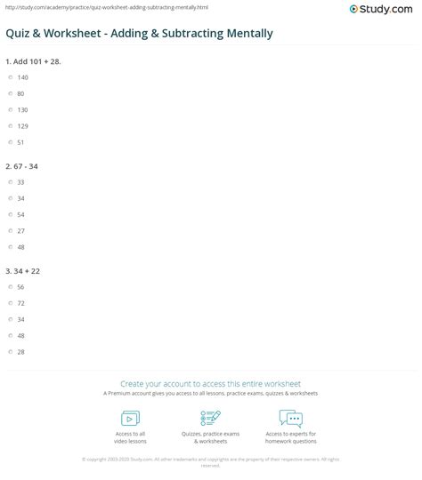 Quiz And Worksheet Adding And Subtracting Mentally