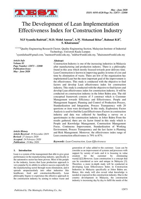Pdf The Development Of Lean Implementation Effectiveness Index For Construction Industry