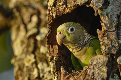 Monk Parakeet Also Known As Quaker Parrot Exiting Nest In Early Morning