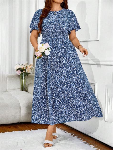 Shein Wywh Plus Size Womens Floral Print Cinching Waist Maxi Dress For