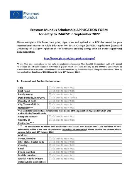 Erasmus Mundus Scholarship Application Form For Entry To Imaesc In September 2022 Pdf Career