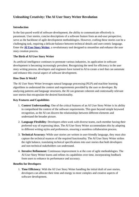 Unleashing Creativity The Ai User Story Writer Revolution Docx