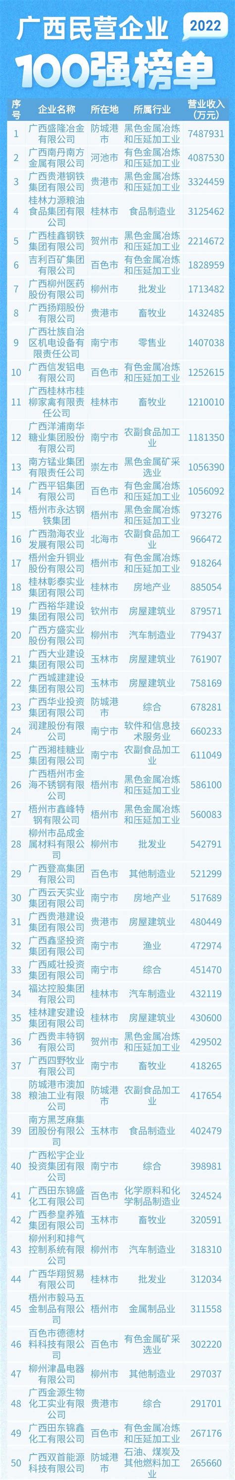 2022广西民营企业100强榜单