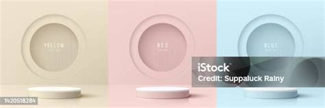 베이지색 파란색 분홍색의 사실적인 실린더 연단이있는 추상적 인 3d 배경 세트 원 장면의 수직 패턴입니다 벡터 렌더링 기하학적 형태 모형 제품 표시 최소한의 장면 무대