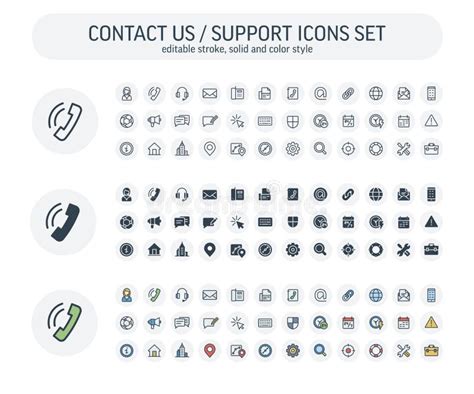 Vector Editable Stroke Solid Color Style Icons Set With Contact Us