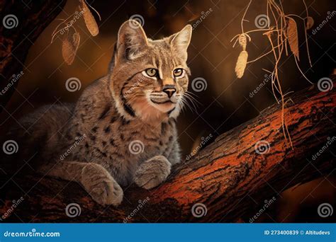 Bobcat Sitting On Tree Branch Surveying Its Territory Stock