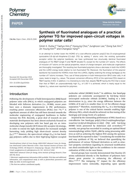 Pdf Synthesis Of Fluorinated Analogues Of A Practical Polymer Tq For Improved Open Circuit