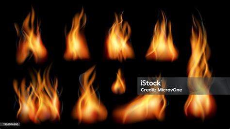 현실적인 화재 밝은 불꽃 검은 색으로 고립 된 불꽃을 발사합니다 연기 효과 벽난로 또는 화상 토치 벡터 컬렉션 연기 물리적 구조에 대한 스톡 벡터 아트 및 기타 이미지
