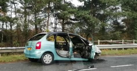 Pictures Show Car Destroyed By Fire As A38 Traffic Chaos Continues