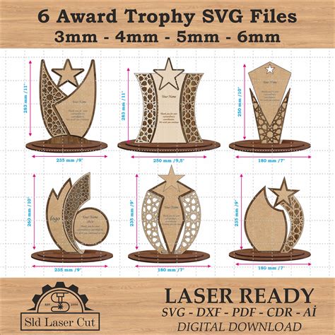 6 Different Designs Award Trophy Laser Cut Files Pack Award Trophy Svg