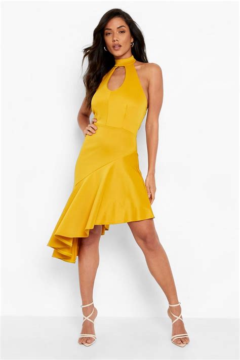 Scuba Halterneck Keyhole Frill Midi Dress Boohoo