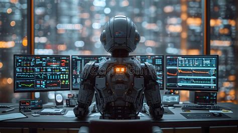 Back View Of A Financial Analyst Day Trader Robot Working On Computer