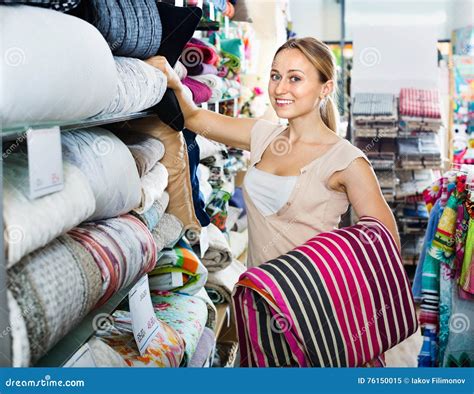 Youngwoman Buying Bed Spread In Textile Store Stock Image Image Of