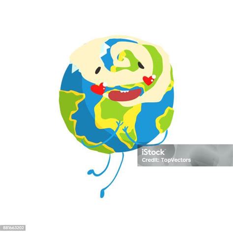 재미 있는 세계 Emoji 벡터 일러스트 레이 션 뺨에 붉은 마음으로 귀여운 만화 지구 행성 캐릭터 개념에 대한 스톡 벡터 아트
