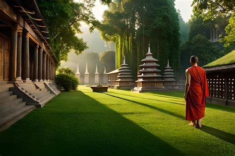 Premium Photo A Monk Walks Through A Lush Green Garden With A Tree In