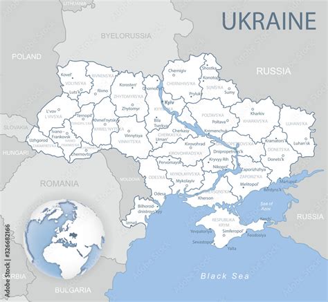 Blue Gray Detailed Map Of Ukraine And Administrative Divisions And