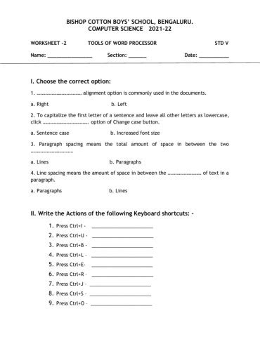 Tools Of Word Processor Worksheet