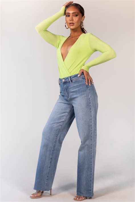Judy Blue Light Wash High Rise Raw Hem Wide Leg Jeans Lime Lush Boutique