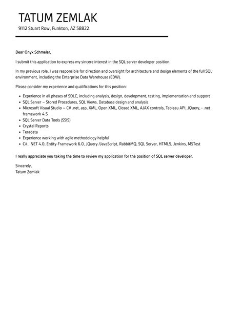 Sql Server Developer Cover Letter Velvet Jobs