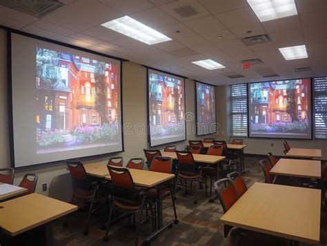 A Classroom With A Projector Screen Showing A Cityscape Stock Image