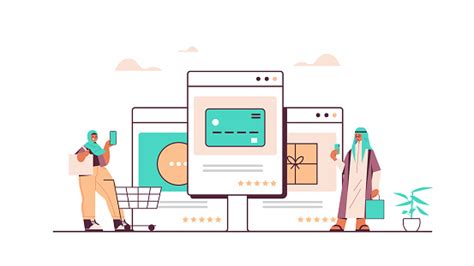 온라인 쇼핑 주문 및 전자 상거래 스마트 구매를 위한 스마트폰 애플리케이션을 사용하는 아랍인 계산대에 대한 스톡 벡터 아트 및 기타 이미지 Istock