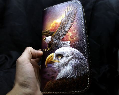 Leather Wallet Zipper Wallet American Eagle Hand Tooled Wallet Etsy