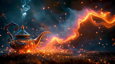 Golden Genie Lamp Emitting Mystical Swirl Of Shining Sparks And Smoke