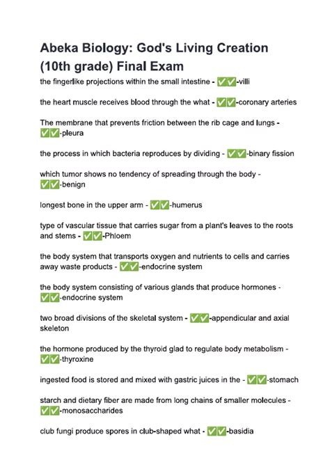 Abeka Biology God S Living Creation 10th Grade Final Exam Review