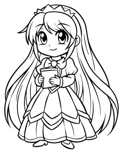 Anime Cute Chibi Style Long Hair Fulllength Princess Holding A Treasure Map Vector Premium Ai