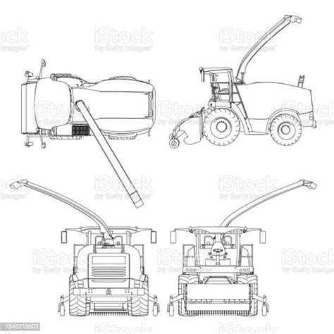흰색 배경에 고립 된 검은 색 선에서 결합 수확기와 함께 설정합니다 측면 보기 상단 앞 뒷면 벡터 일러스트레이션 개체 그룹에 대한 스톡 벡터 아트 및 기타 이미지 Istock