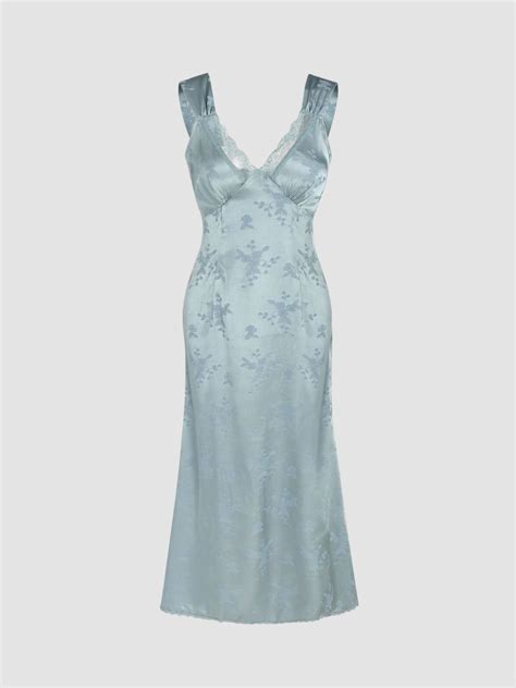 Satin Floral V Neck Lace Trim Maxi Dress For Date Partyclubbing