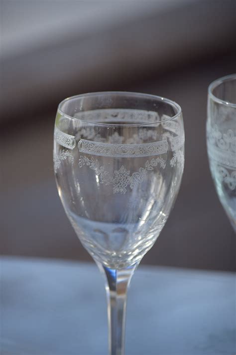 5 Antique Etched Wine Glasses Set Of 5 Mis Matched Needle Etched Wine