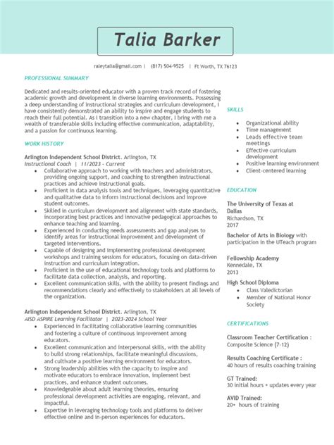 Talia Barker Resume 2023 Teaching Pdf Teachers Learning