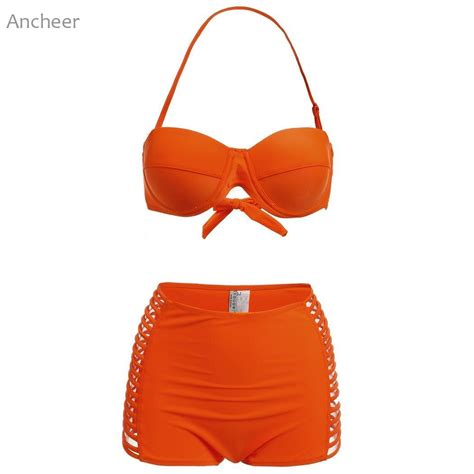 여성 수영복 섹시한 두 조각 높은 허리 비키니 2018 솔리드 붕대 유선 비키니 세트 여성 수영복 바디 슈츠 Aliexpress