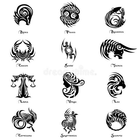 Style De Tatouage Densemble Complet De Signe De Zodiaque Illustration