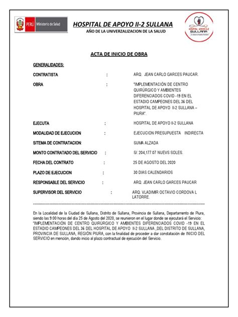 Informes De Acta De Inicio De Obra Pdf Informes De Acta De Inicio De Obra Pdf