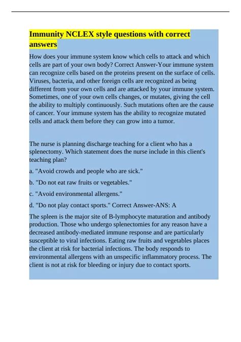 Immunity Nclex Style Questions With Correct Answers Rn Nursing