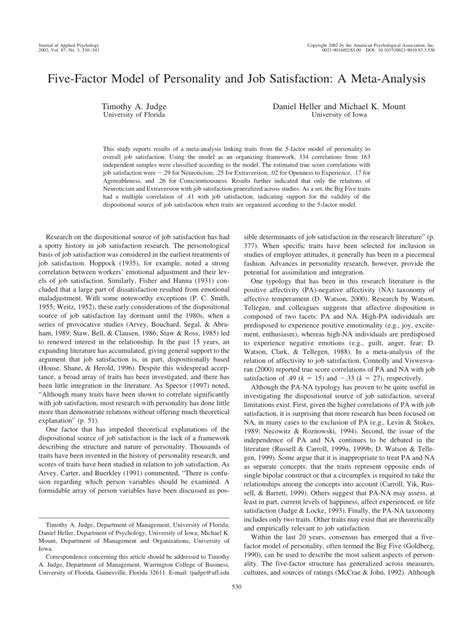 Pdf Five Factor Model Of Personality And Job Satisfaction A Meta Analysis