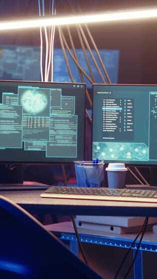 Vertical Hacker Arriving In Underground Base Ready To Do Computer