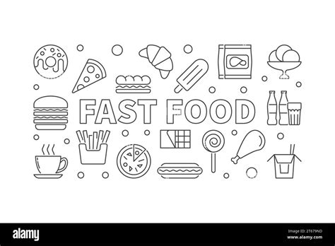 Fast Food Outline Horizontal Banner Vector Junk Food Illustration In