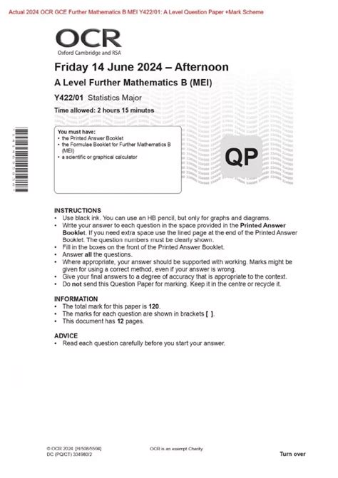 Actual 2024 Ocr Gce Further Mathematics B Mei Y422 01 Statistics Major