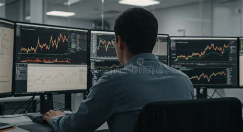 stock market trader analyzing financial charts on multiple monitors in