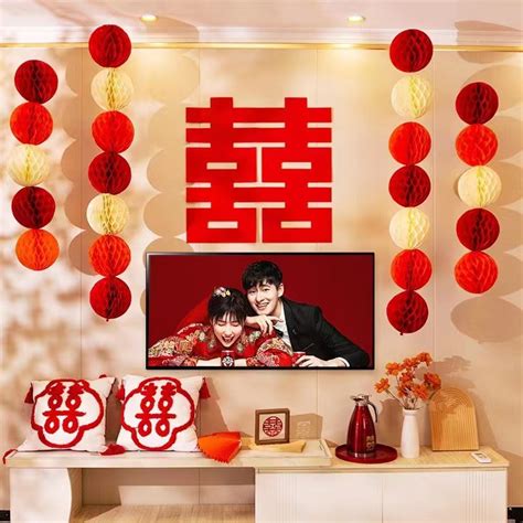 结婚红色中式超大纸扇婚房布置纸灯笼立柱泡泡吊顶流苏套餐蜂窝球 阿里巴巴