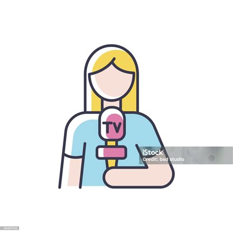 저널리스트 Rgb 색상 아이콘 뉴스를 전달하는 사람 마이크를 들고 있는 여자 텔레비전으로 방송 Tv에서 대중 언론 발표자