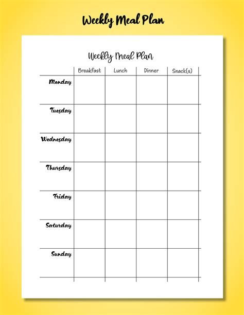 Printable Weekly Meal Plan Schedule Breakfast Lunch Dinner And Snacks