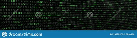 Panoramic Digital Abstract With Binary Code And Matrix Green Dark Background Stock