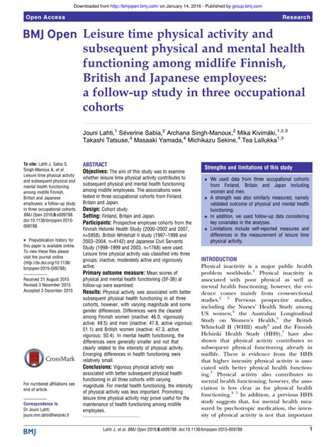 Pdf Leisure Time Physical Activity And Subsequent Physical And Mental Health Functioning Among