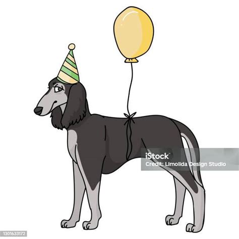 파티 모자 벡터 클립 아트와 귀여운 만화 살루키 개 개 애호가를위한 혈통 사육장 강아지 품종 기념 일러스트 마스코트를 위한 서러브레드 국내 고립 된 개 보르조이 사냥개
