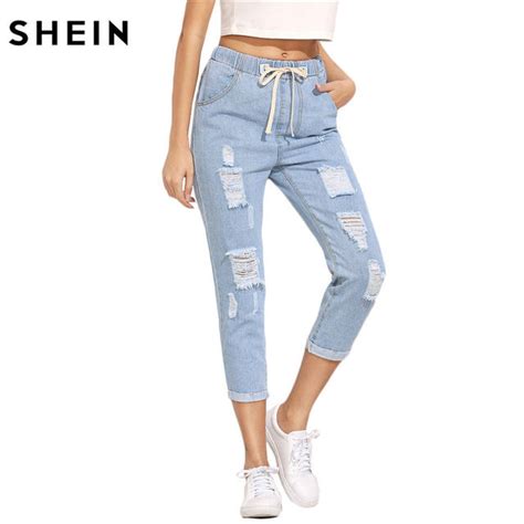 Free Shipping Women Summer Pants Casual Trousers For Ladies Blue Ripped